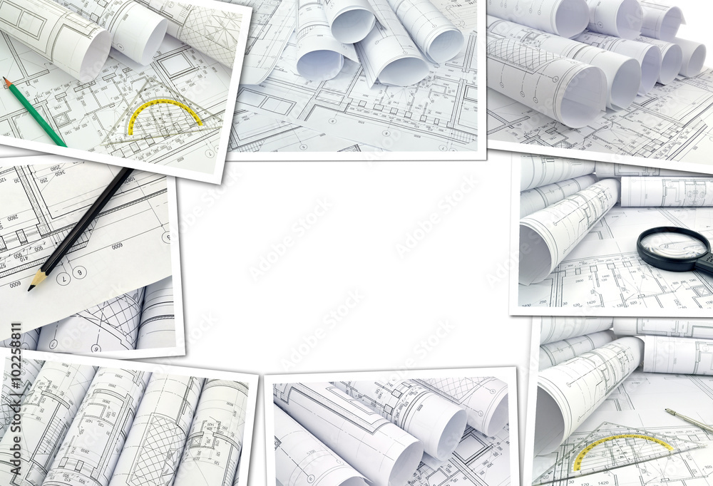 Collage of photos of drawings for the project engineering work Stock ...