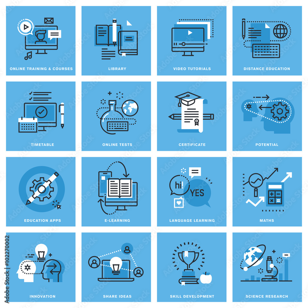 Set of thin line concept icons of distance education, online training ...