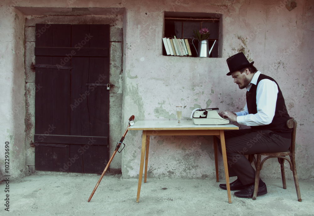 Vintage Outdoor Typewriter in Front of Grunge Wall Texture Stock Photo ...