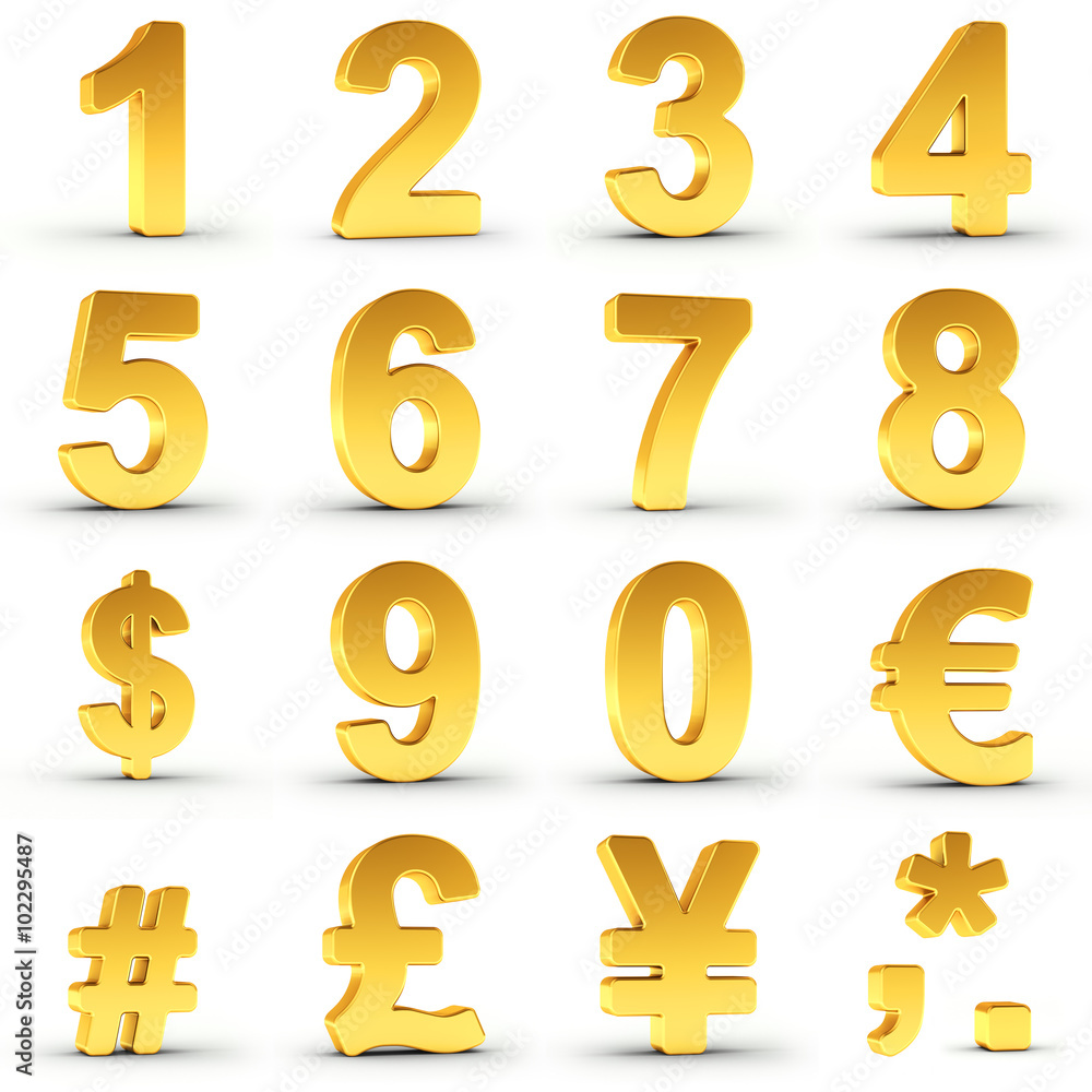 Poster Set of golden numbers and currency symbols over white background ...