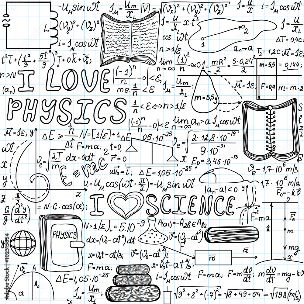 Beautiful vector seamless pattern "I love physics", "handwritten on a ...