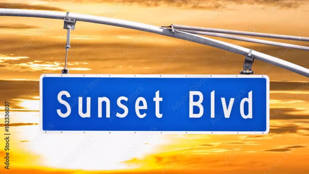 Sunset Blvd street sign with time lapse sunset sky in Los Angeles ...