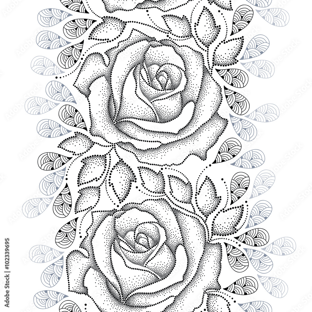 Seamless pattern with dotted black roses, leaves and stylized gray ...