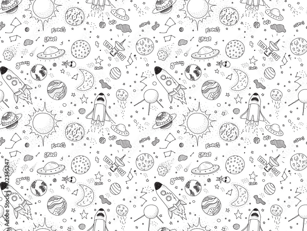 Seamless pattern. Cosmic objects set. Hand drawn vector doodles ...