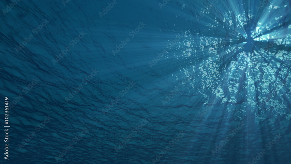 4K blue underwater ocean waves seamless loop animation, light rays pass ...