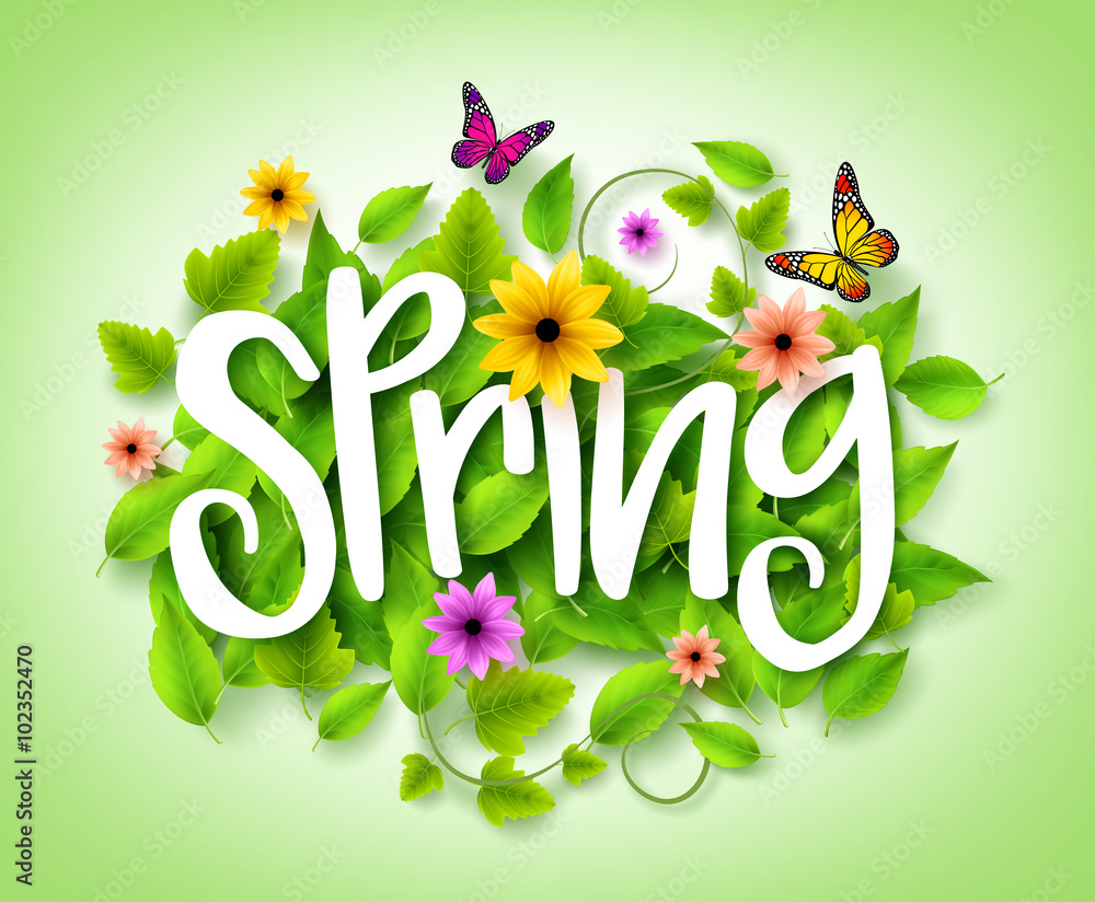 Spring Title Text with Vector Green Leaves in the Background with ...