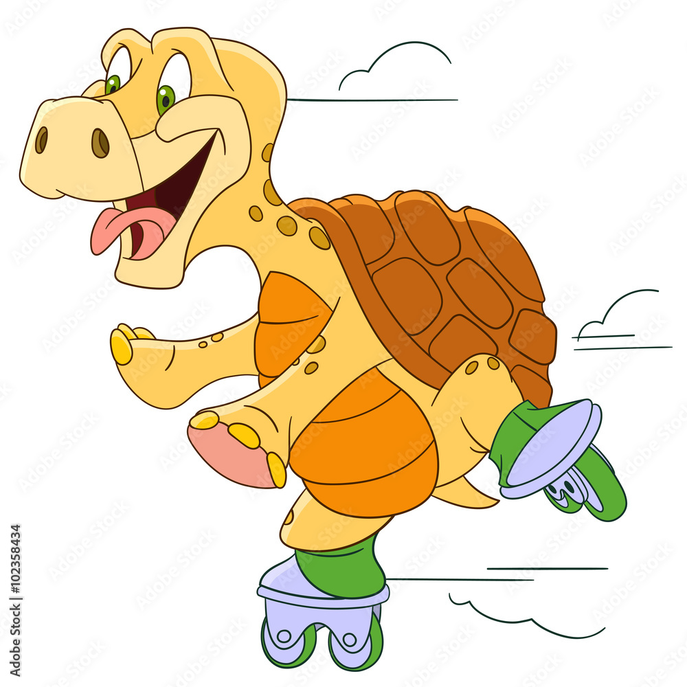 cute funny and happy cartoon turtle is roller-skating at high speed ...