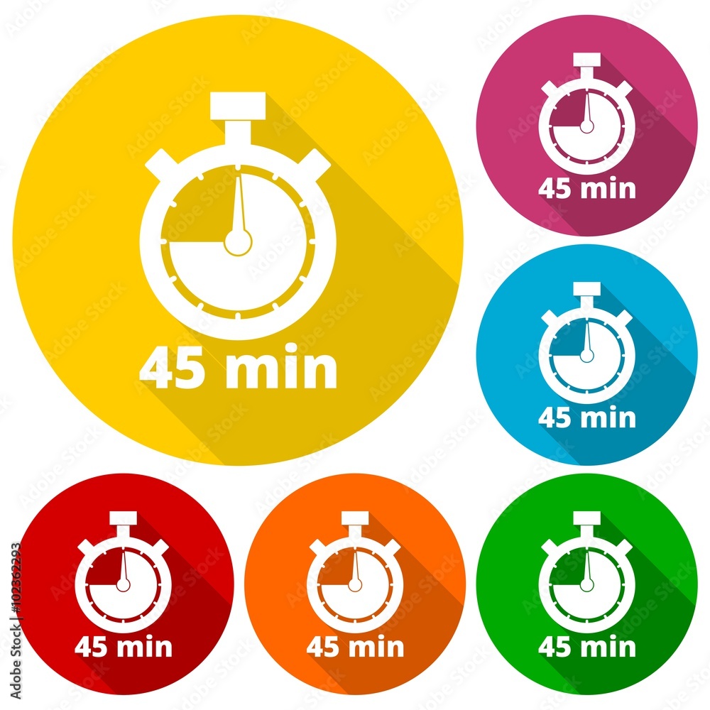 45 minutes stopwatch symbol, Timer icons set with long shadow Stock ...