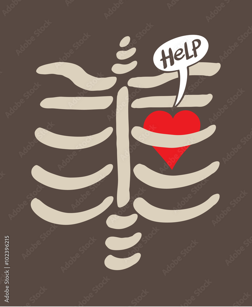 Cartoon red heart feeling in captivity inside the bones of a rib cage ...