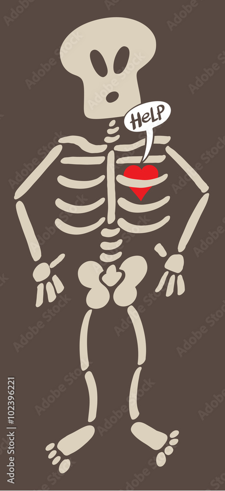 Cartoon red heart feeling in captivity inside the bones of the rib cage ...