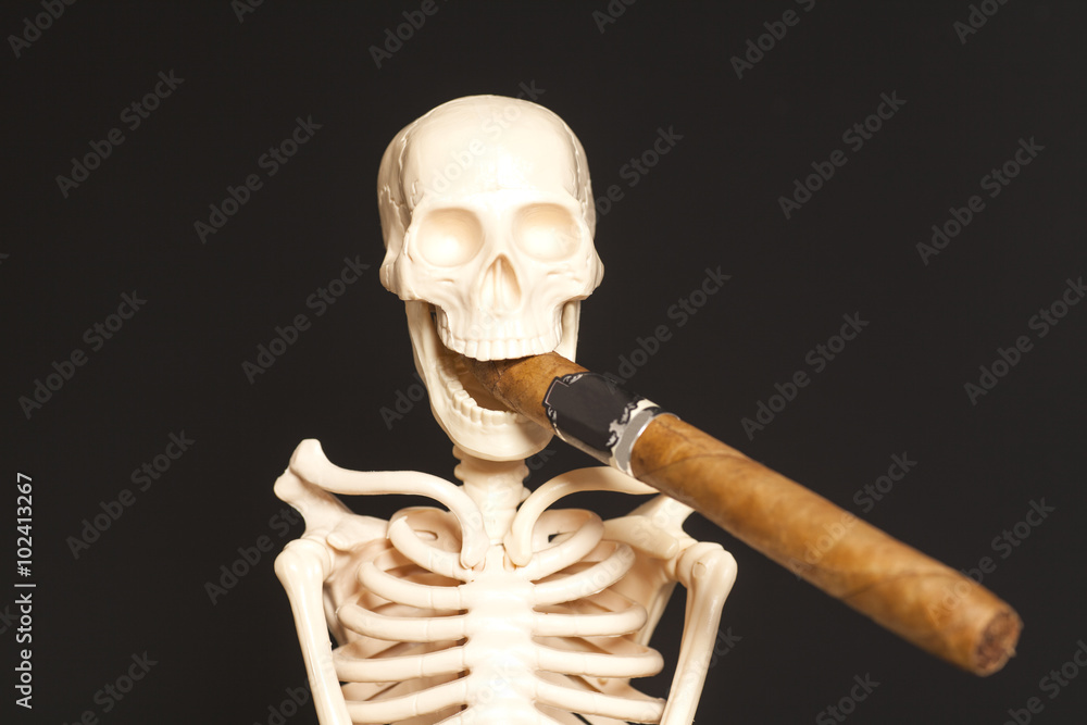 Skeleton model action smoking cigar on black background Stock Photo ...