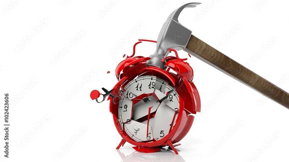 Hammer breaking red alarm clock, isolated on white background Stock ...