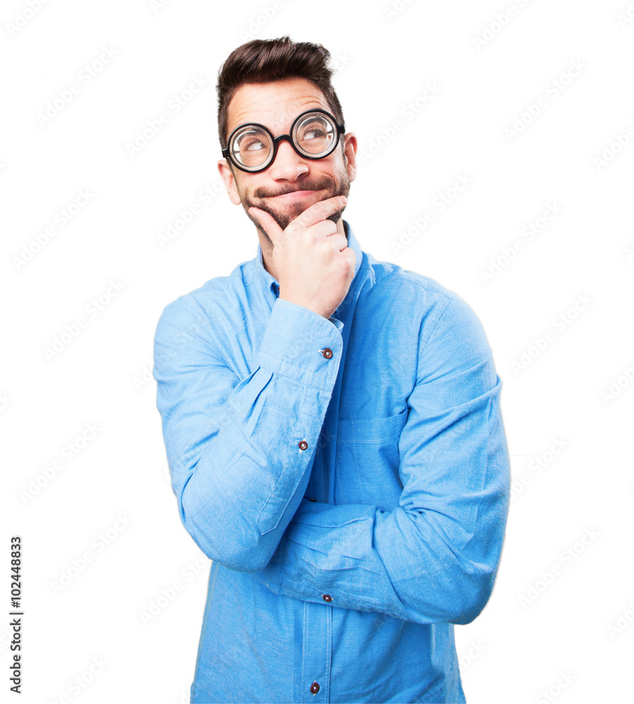 nerd man thinking on white Stock Photo | Adobe Stock
