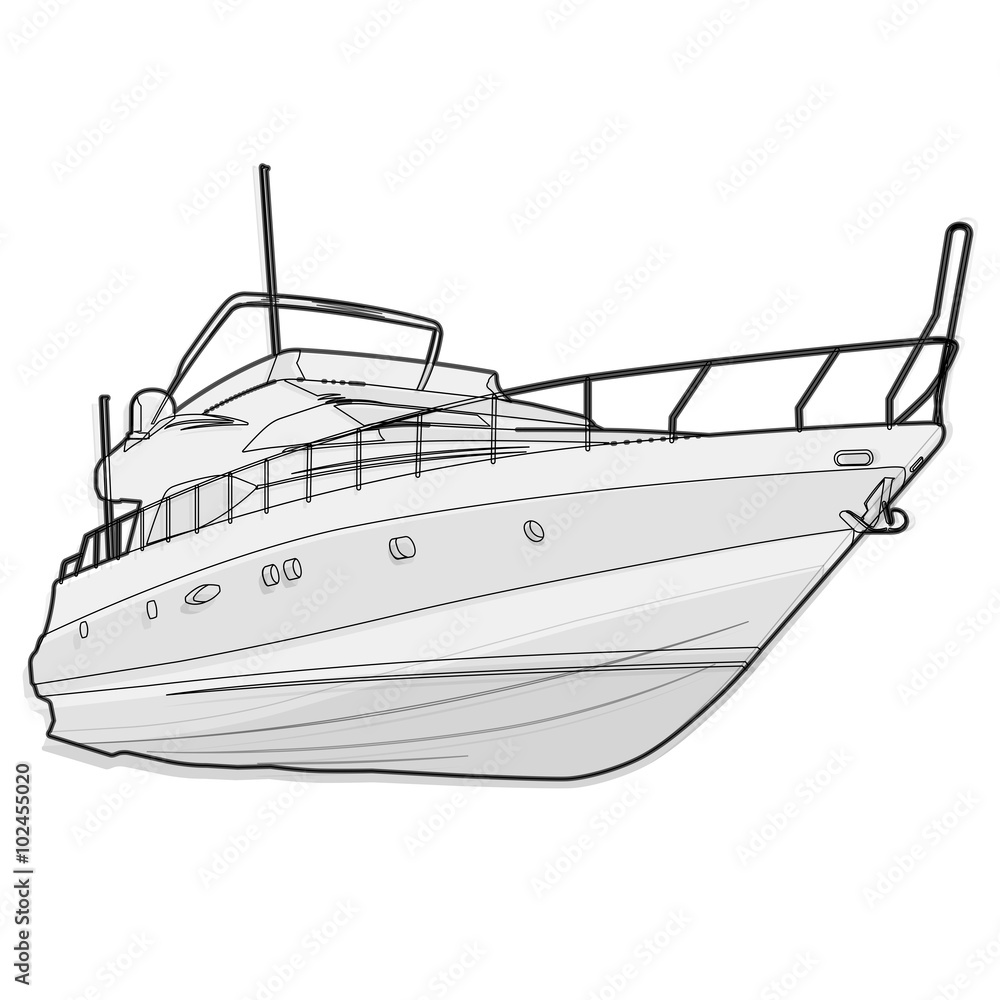 Nice wire black and white boat on white, fishing on a ship with outline ...