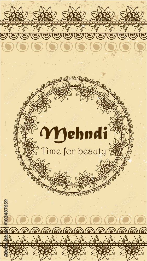 Vector background with hand drawn borders and frame in mehndi indian ...