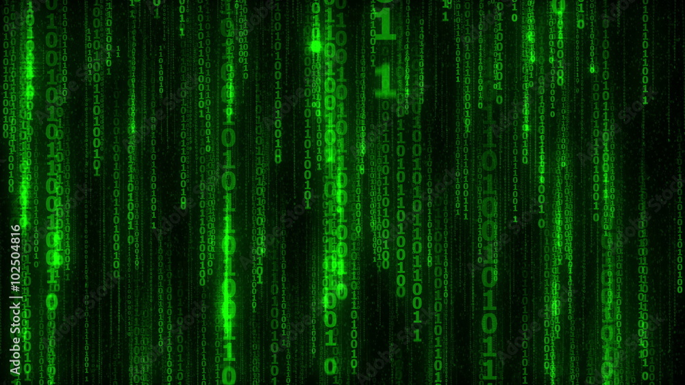cyberspace with digital falling green lines, binary hanging chain, abstract animated background ...