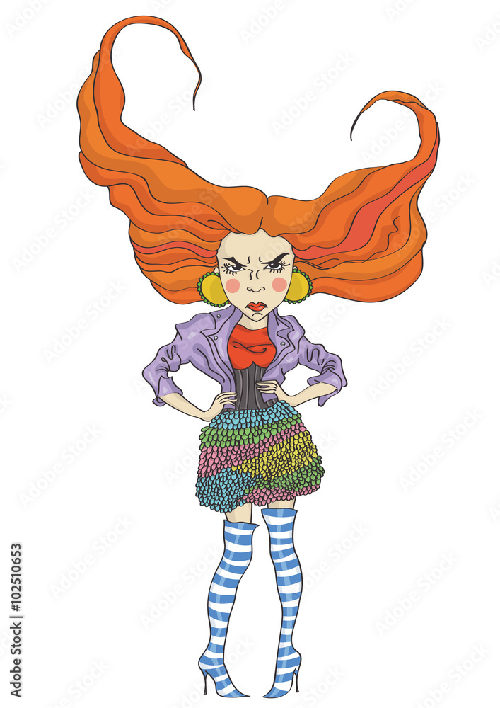 Dramatic, attractive, angry woman, dressed stylish, big red hair and ...