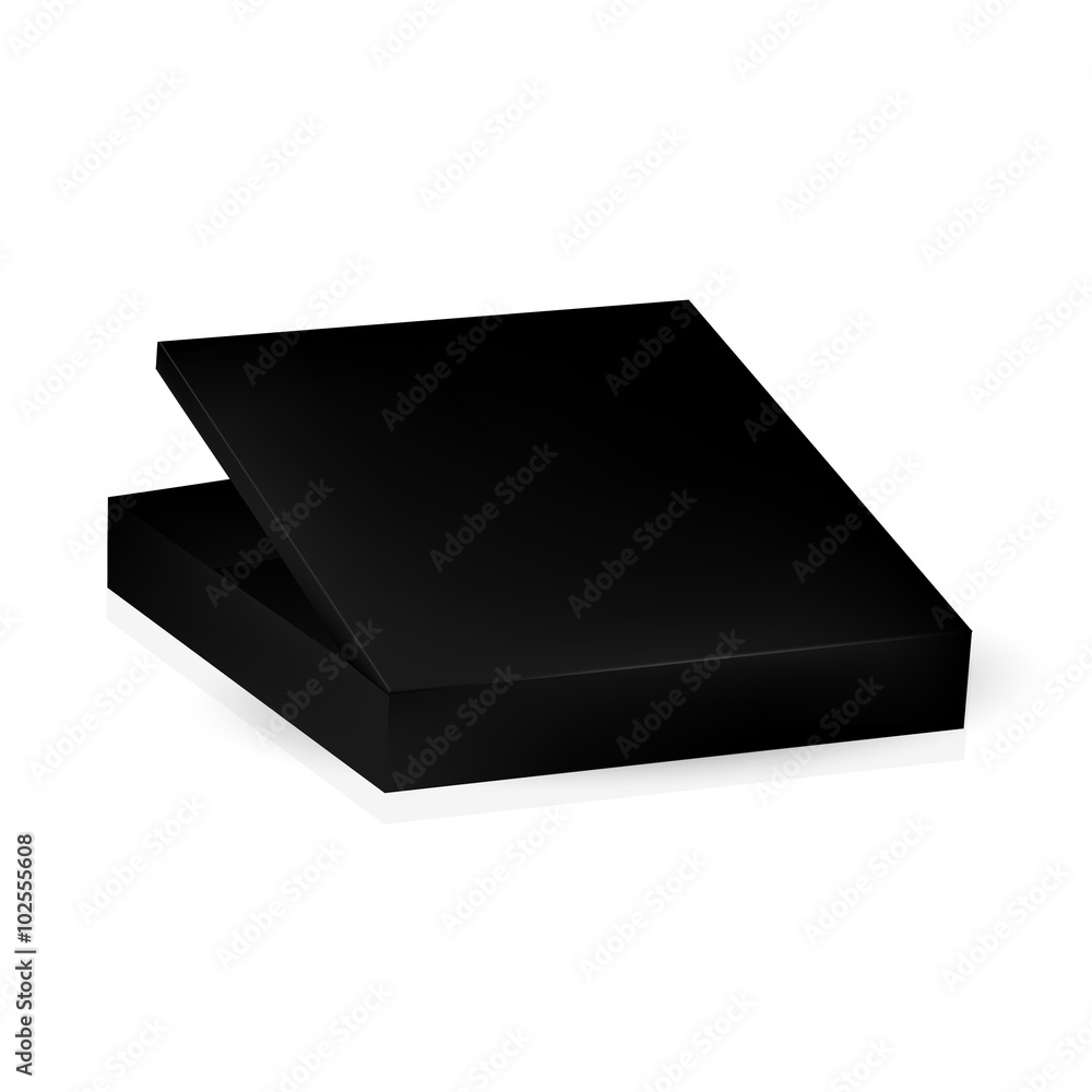 VECTOR PACKAGING: Black packaging box with open lid on isolated white ...