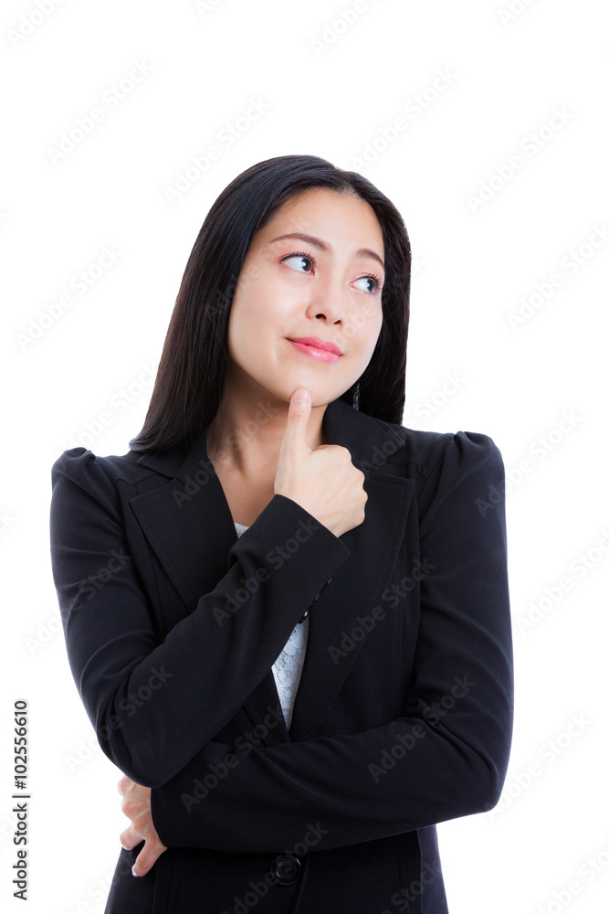 Thinking young woman with her thumb on her chin. Isolated on white ...