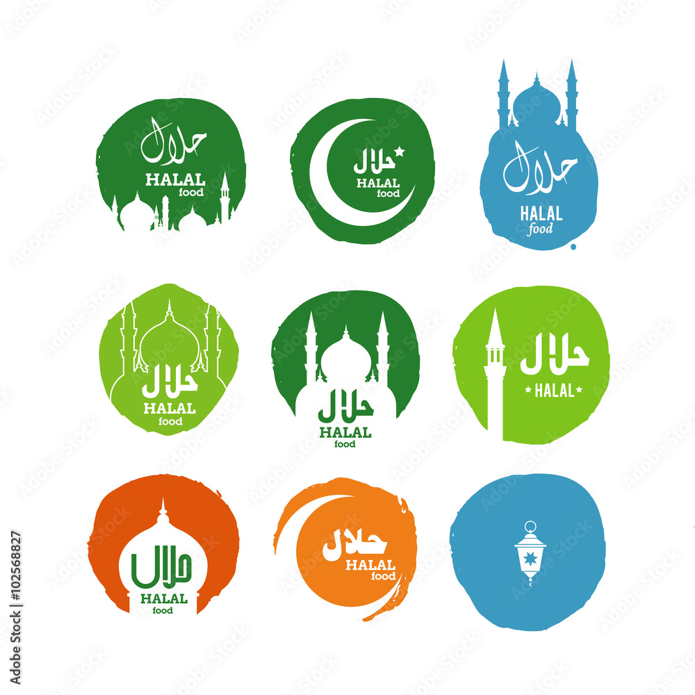 Halal islamic food with text in english and arabic halal set ...