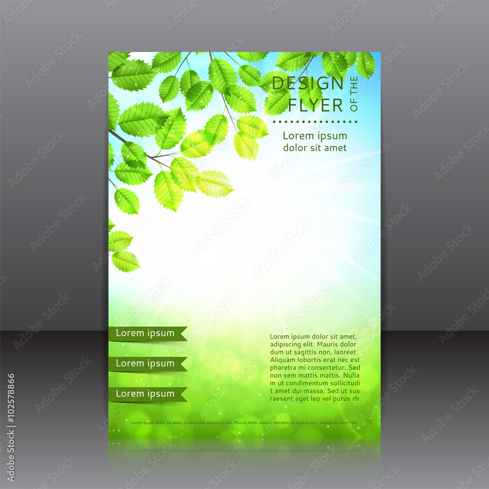 Vector design of the flyer with leaves and sun. Vector spring day ...