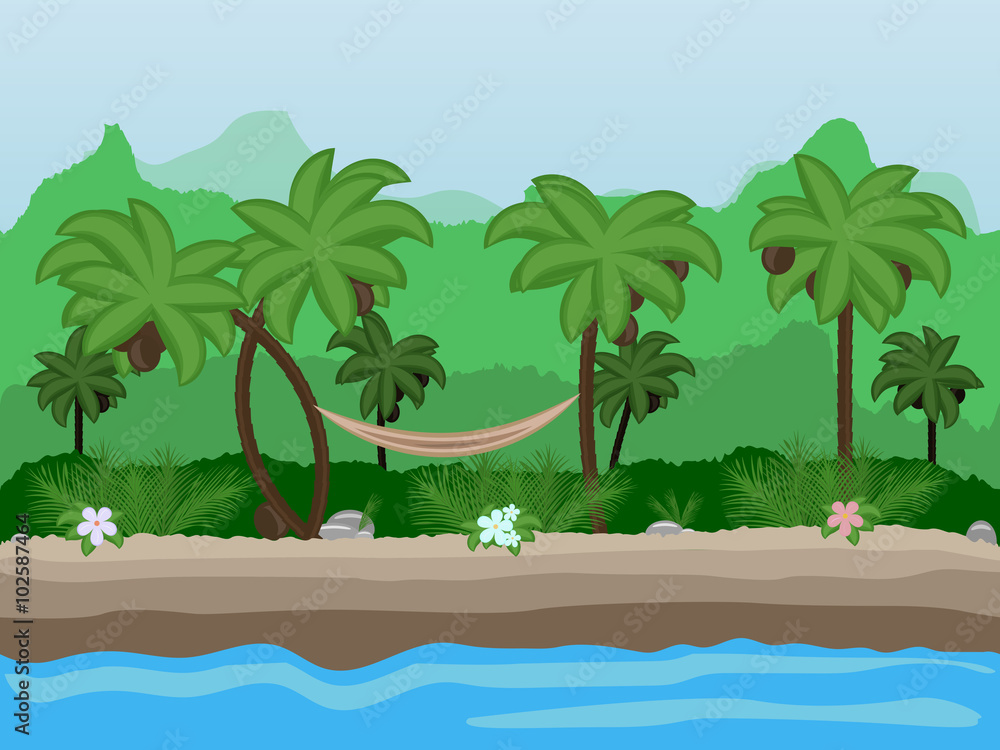 Vector Seamless cartoon nature landscape, unending tropical background ...