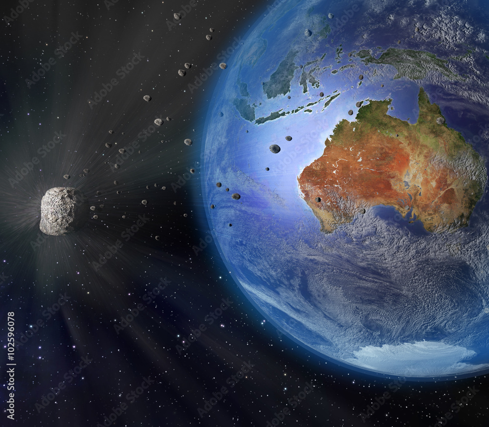 An illustration of a large asteroid flying closely by Earth. Earth land ...