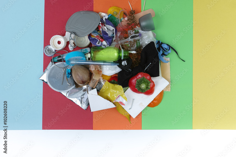 Waste segregation concept, not separated 5 types of garbage, copy space ...