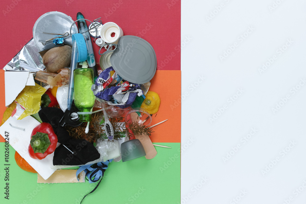 Waste segregation concept, not separated 5 types of garbage, cop Stock ...