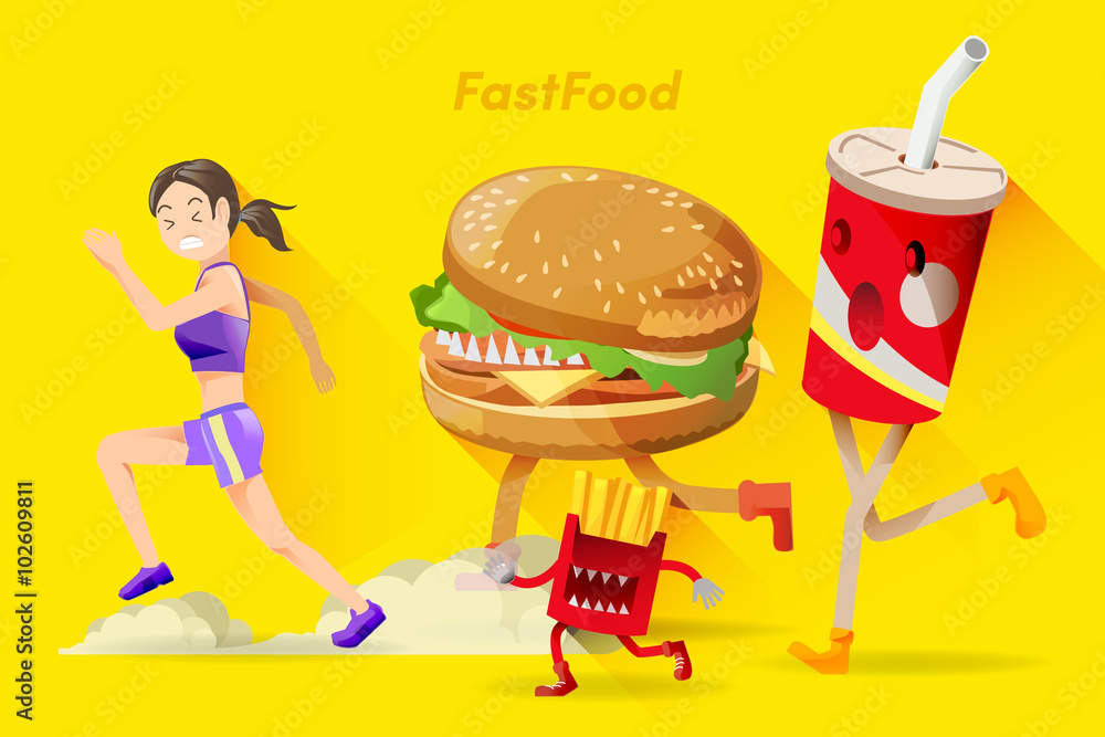 Devils junk-food chasing healthy people.Barriers of healthy people. Who ...