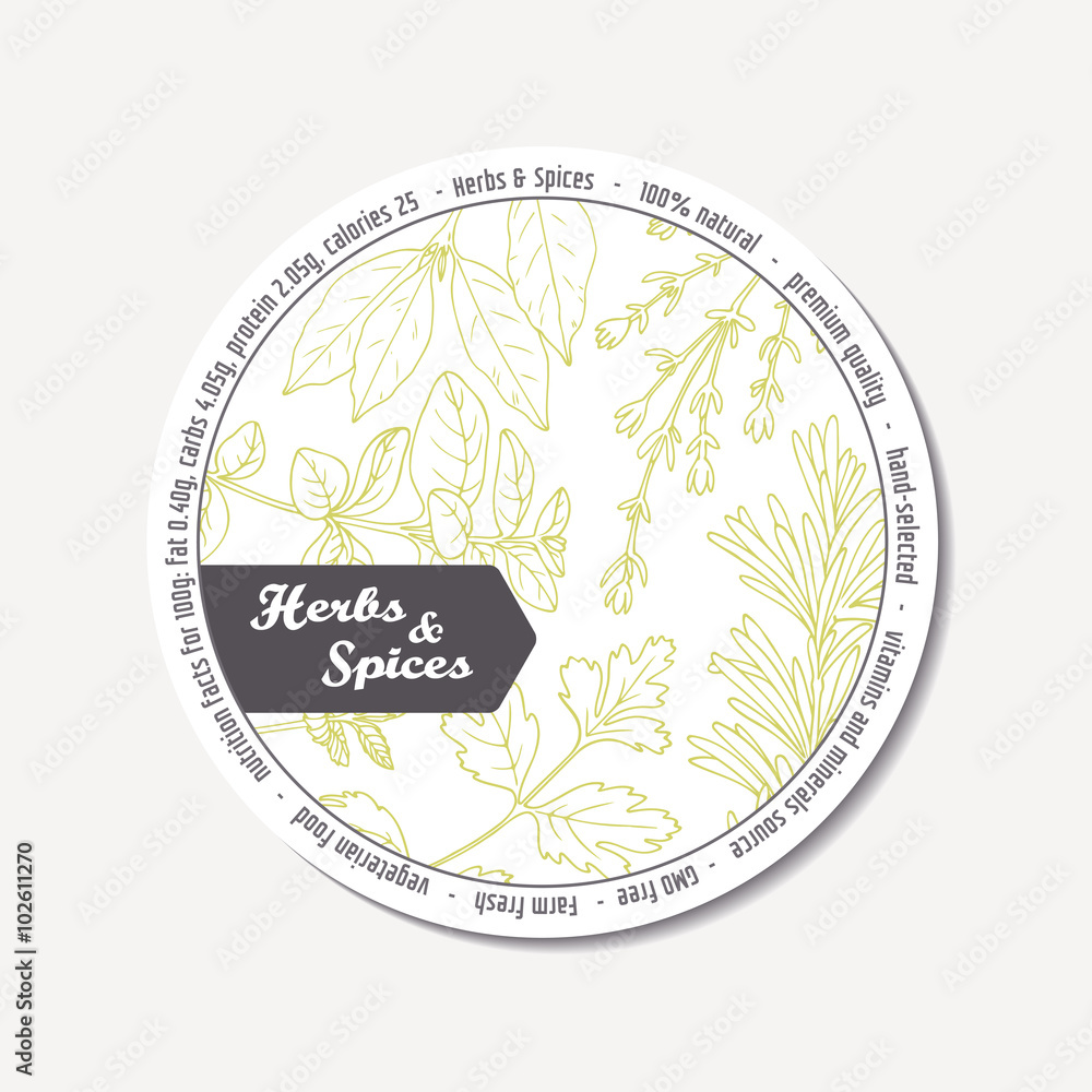 Sticker for package design with hand drawn spicy herbs. Label template ...