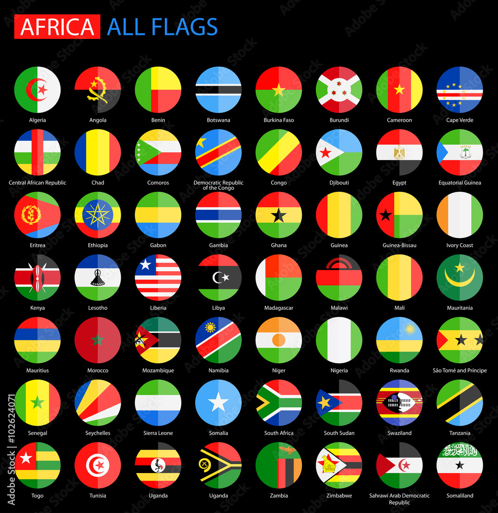 Flat Round Flags of Africa on Black . Background - Full Vector ...