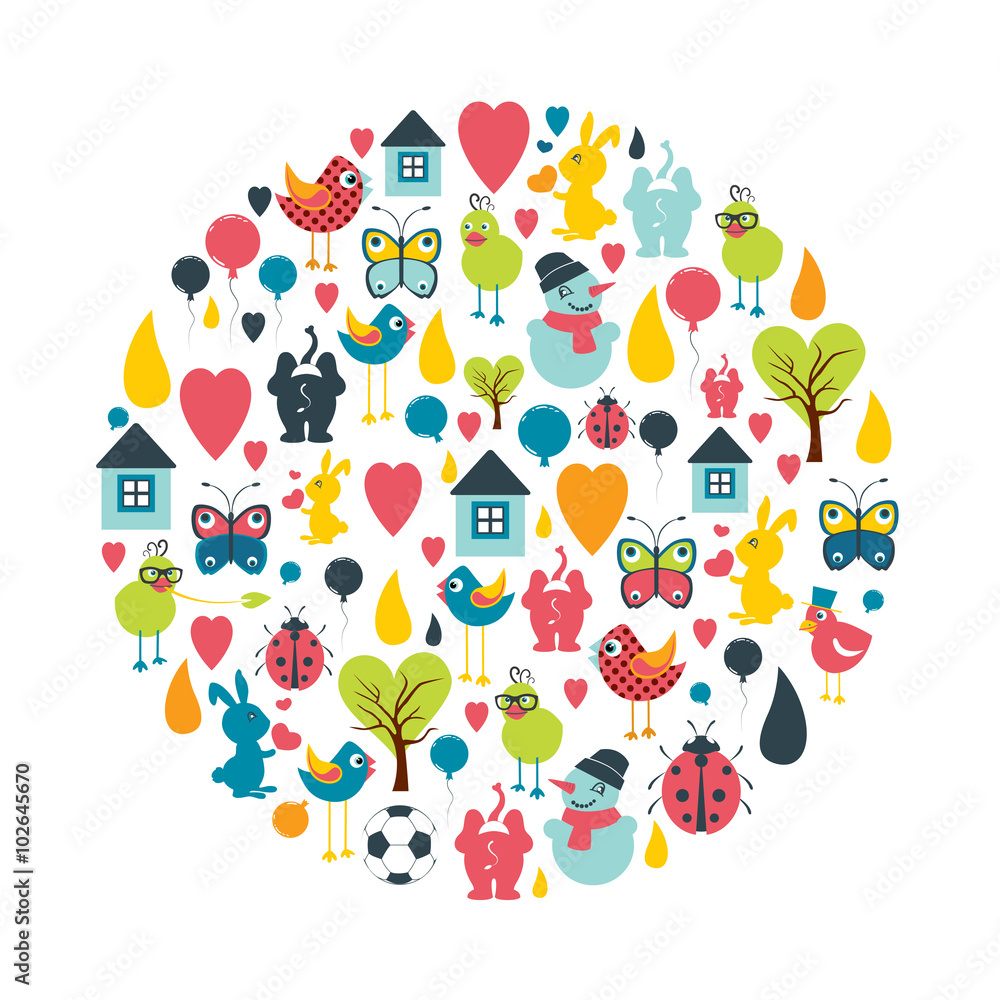 Circle set of child, kid toys flat icon shapes. Trend pictogram set ...