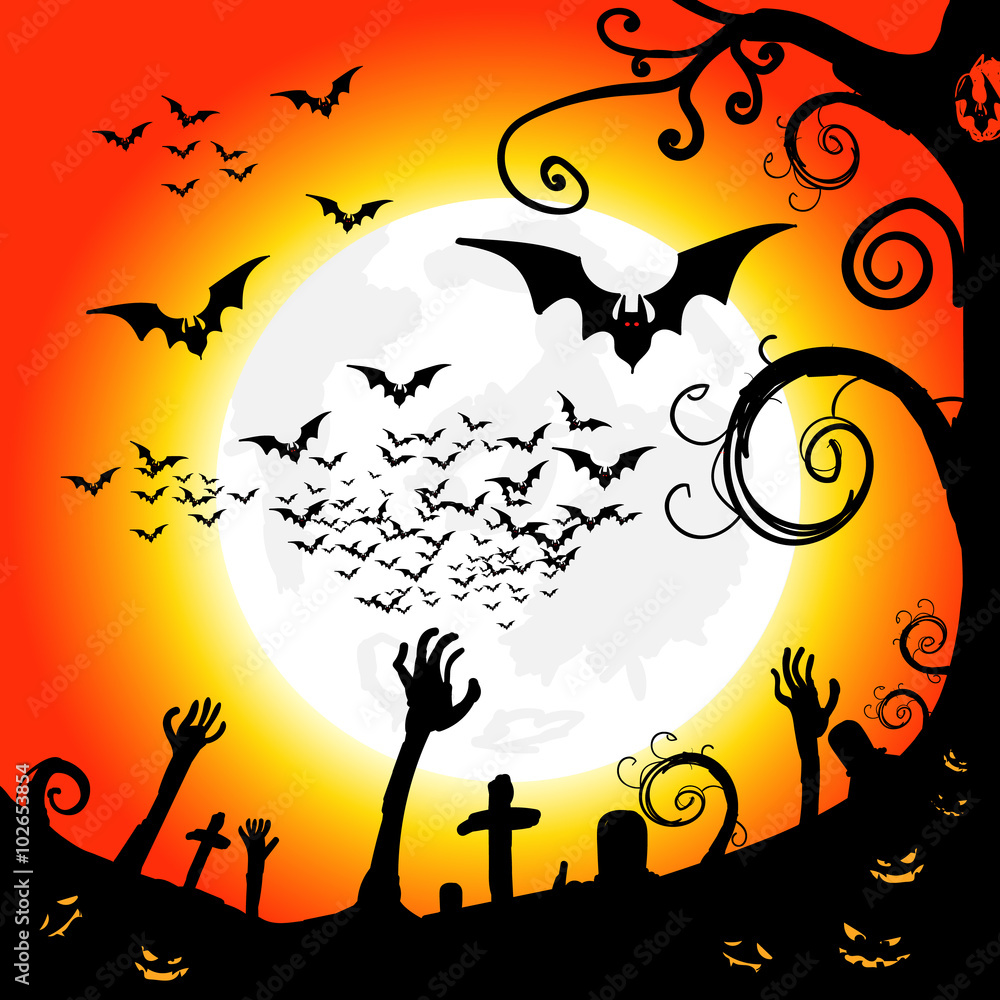 Halloween night, grunge background with Moon and bats, illustration ...