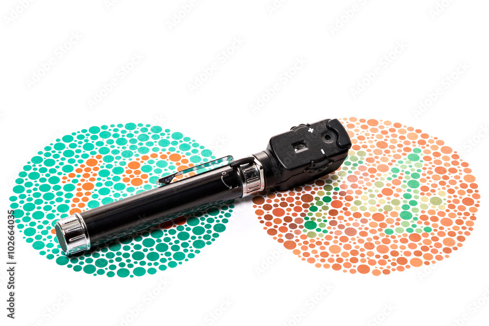 Color vision test chart, and Ophthalmoscope, Ishihara-Test Stock Photo ...