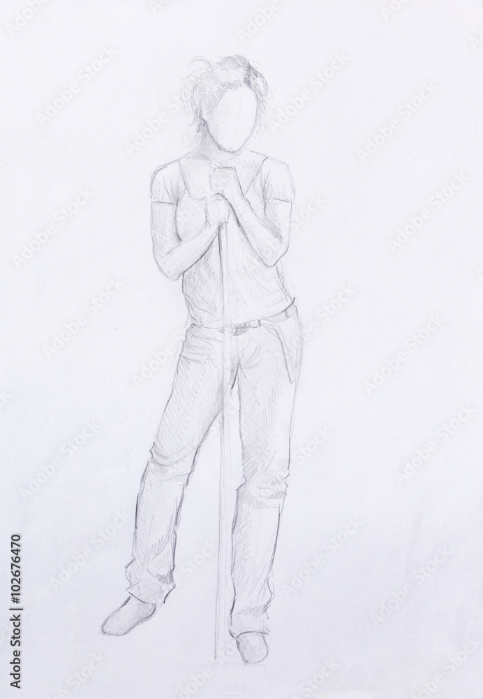 Standing figure woman leaning on a stick, pencil sketch on paper. Stock ...