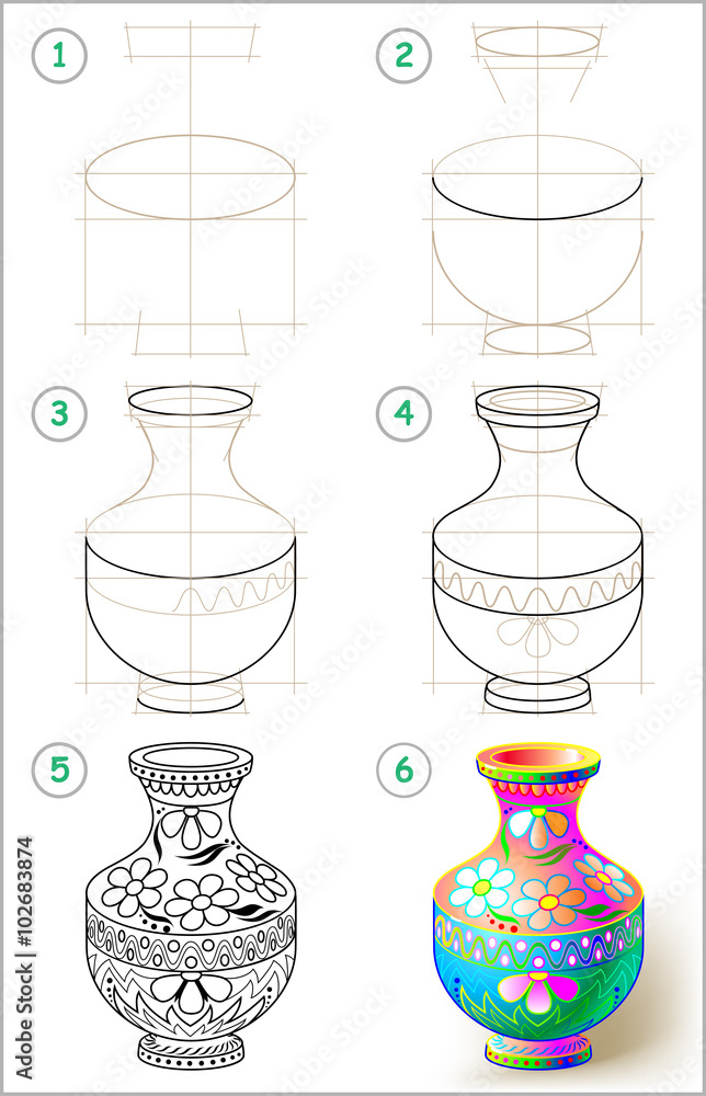 Page shows how to learn step by step to draw beautiful vase. Vector ...