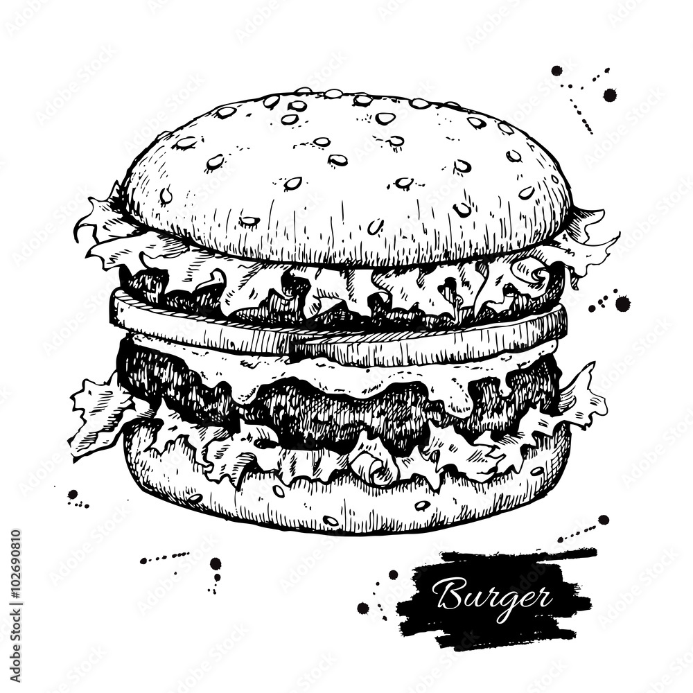 Vector vintage burger drawing. Hand drawn monochrome fast food i Stock ...