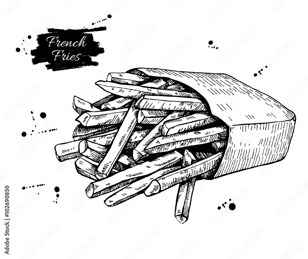 Vector vintage french fries drawing. Hand drawn monochrome fast Stock ...
