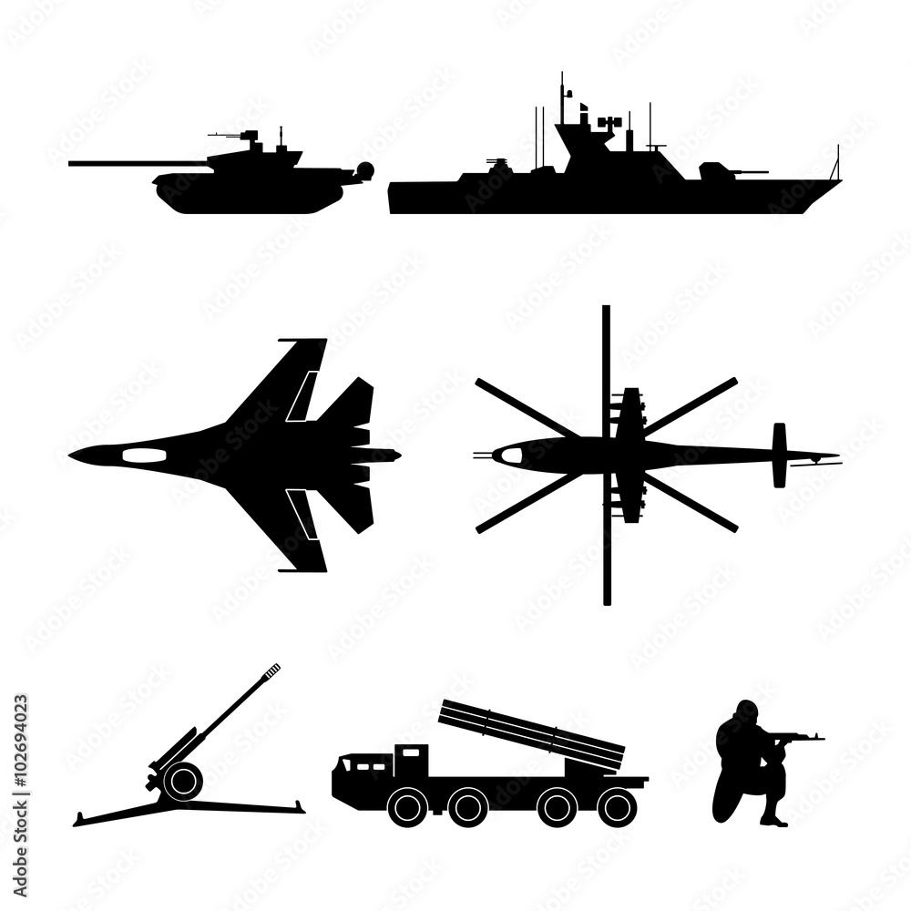 Black silhouettes of military equipment for the tactical map Stock ...