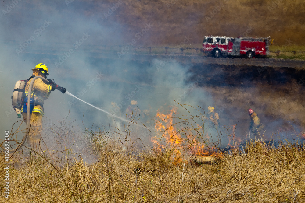 Wildland Firefighter fighting grass fire Stock Photo | Adobe Stock