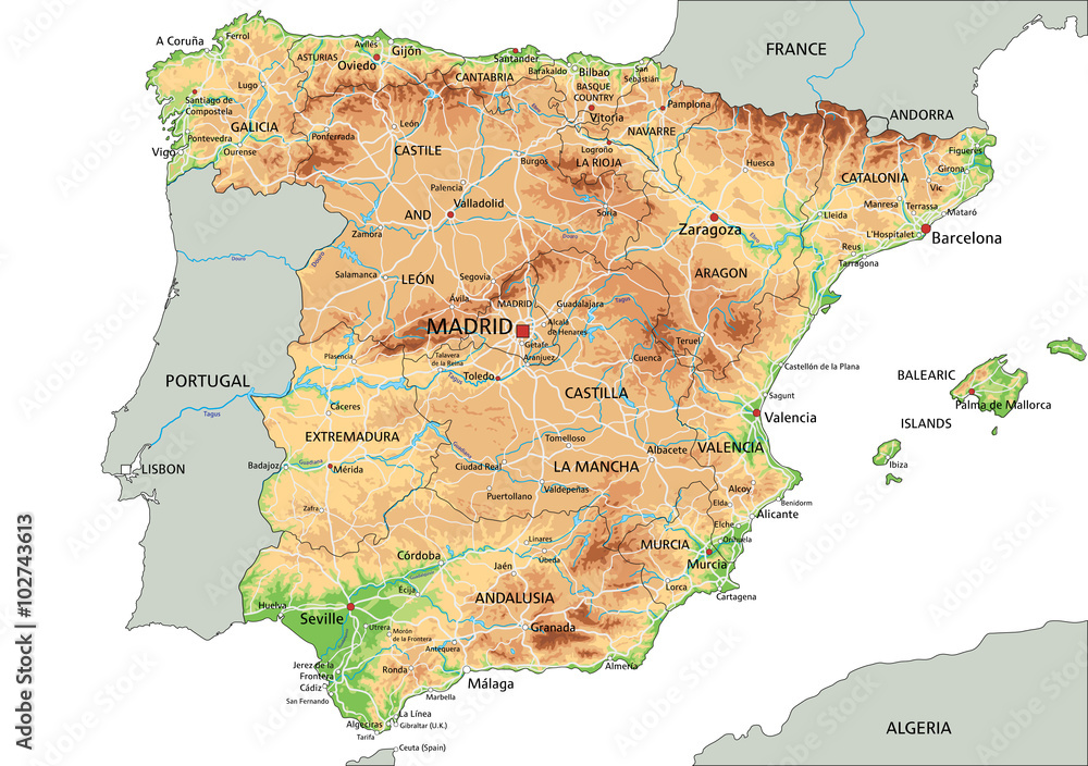 High detailed Spain physical map with labeling. Stock Vector | Adobe Stock