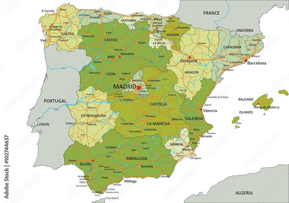 Spain - Highly detailed editable political map with separated layers ...