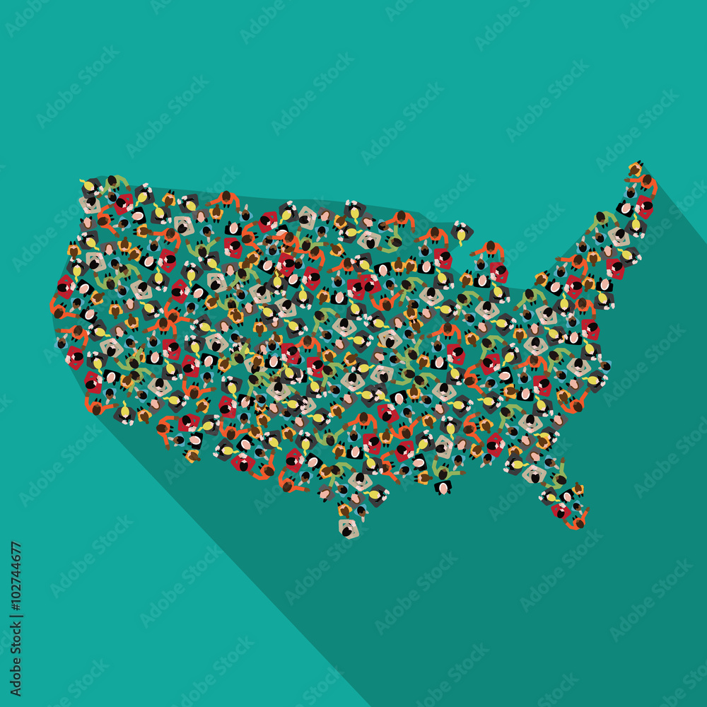 Flat design map of the United States made up of a crowd of people icons ...
