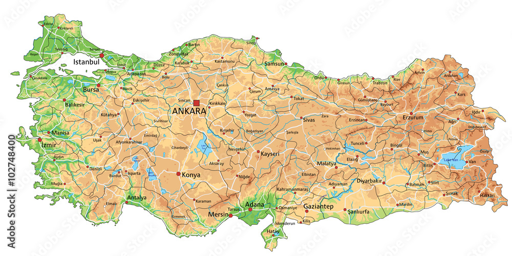 High detailed Turkey physical map with labeling. Stock Vector | Adobe Stock