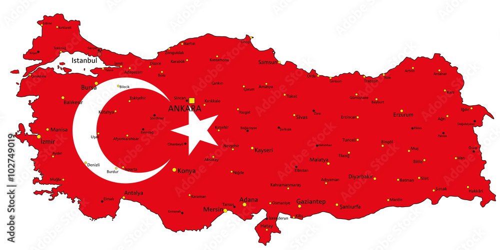 Turkey highly detailed political map with national flag. Stock Vector ...