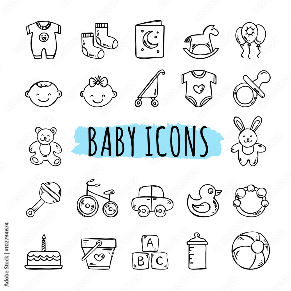 Sketched baby icons vector set. Hand drawn kids symbols: toys, food ...