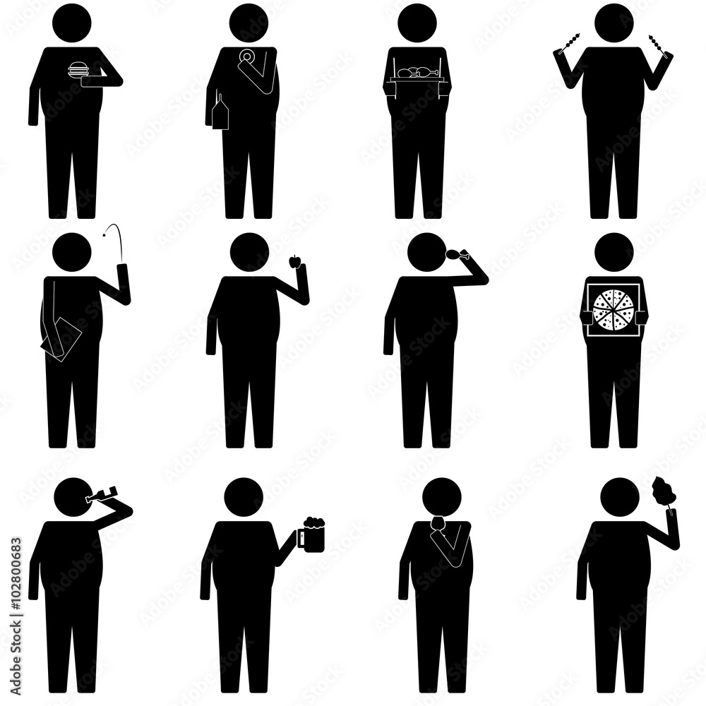 fat men with various food and snack info graphic icon vector sign ...