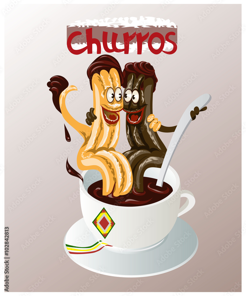 Cartoon illustration of the traditional Spanish pastry called churros ...