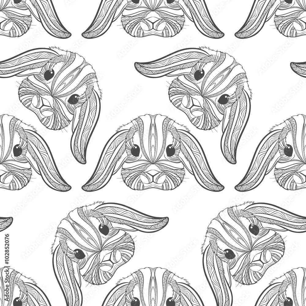 Seamless pattern rabbit coloring outlines in boho style. Ethnic hare ...
